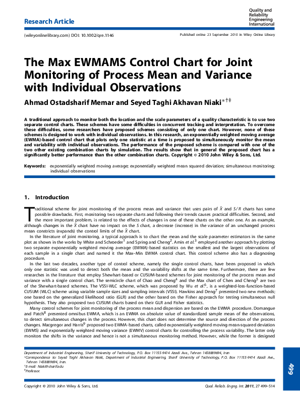 The Max EWMAMS control chart for joint monitoring of process mean and variance with individual ...