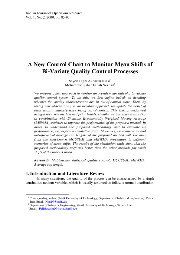 (PDF) A new control chart to monitor mean shifts of bi-variate quality control processes