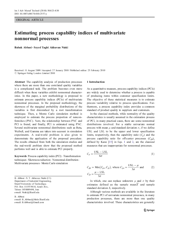 (PDF) Estimating process capability indices of multivariate nonnormal processes