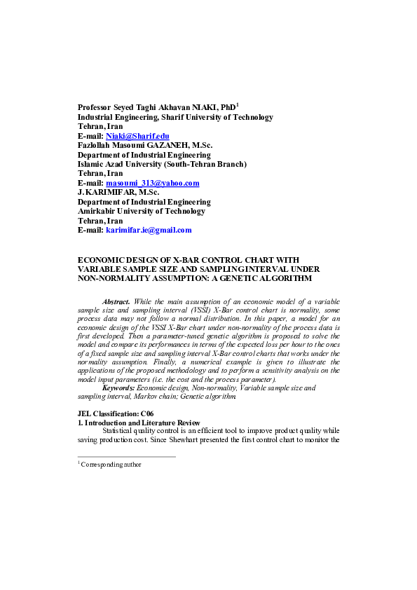 Pdf Economic Design Of X Bar Control Chart With Variable Sample Size And Sampling Interval 