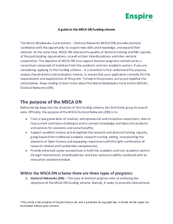 (PDF) A guide to the MSCA DN funding scheme