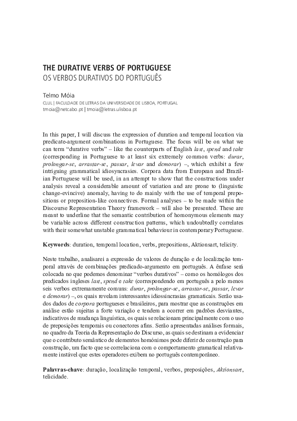 (PDF) The durative verbs of Portuguese / Os verbos durativos do português