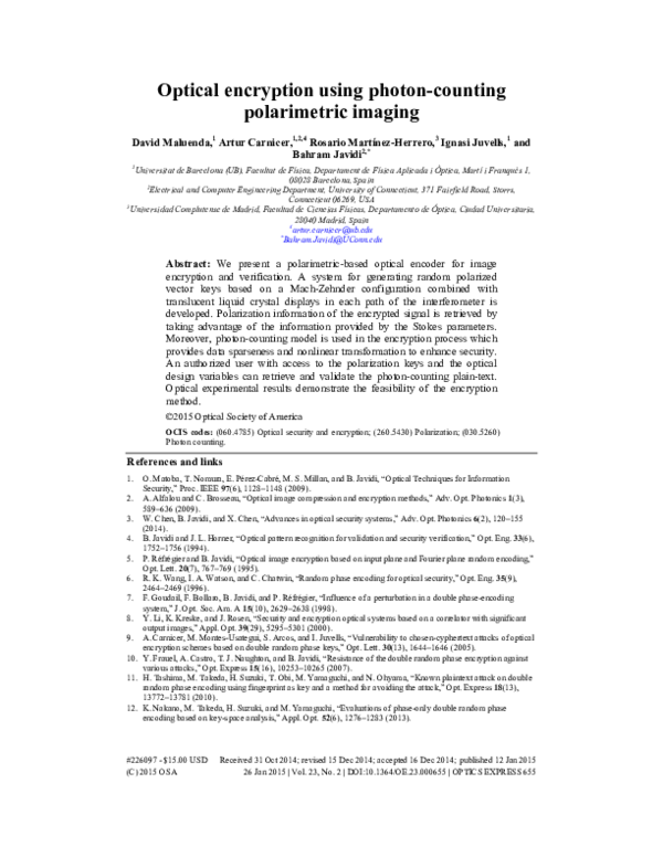 Pdf Optical Encryption Using Photon Counting Polarimetric Imaging