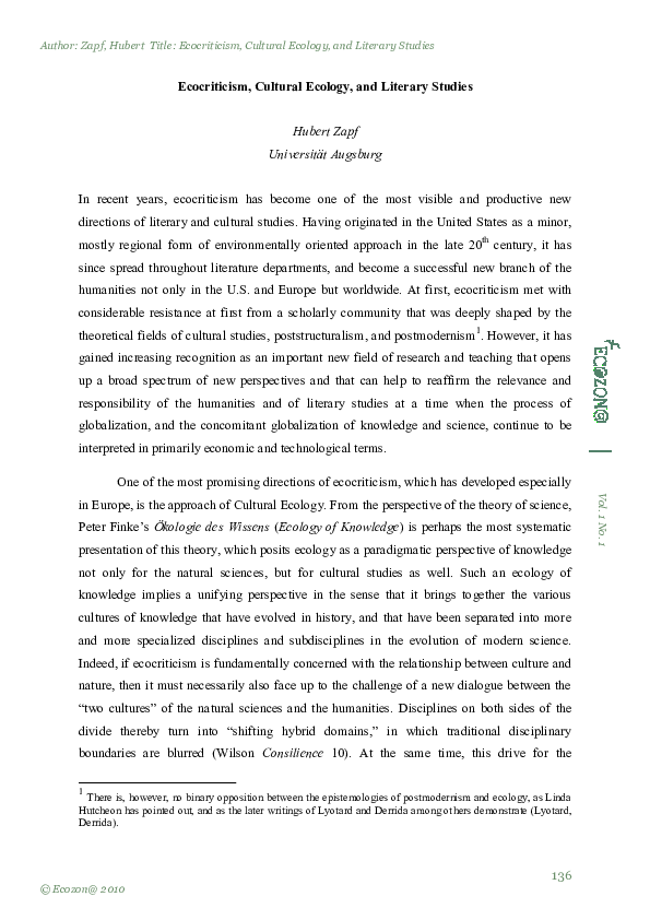 (PDF) Ecocriticism, Cultural Ecology, and Literary Studies