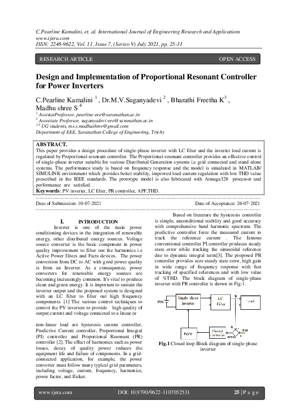 Pdf Design And Implementation Of Proportional Resonant Controller For Power Inverters