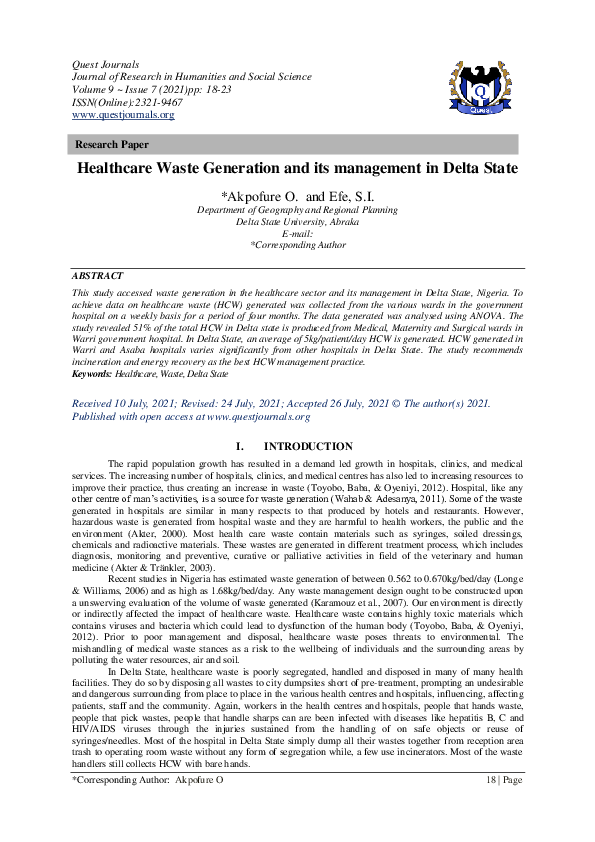 (PDF) Healthcare Waste Generation and its management in Delta State