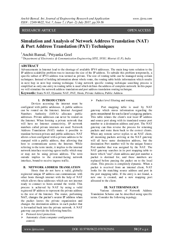 (PDF) Simulation and Analysis of Network Address Translation (NAT ...