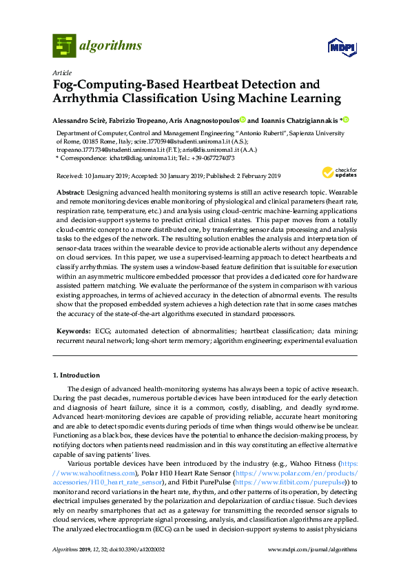 Pdf Fog Computing Based Heartbeat Detection And Arrhythmia Classification Using Machine Learning 