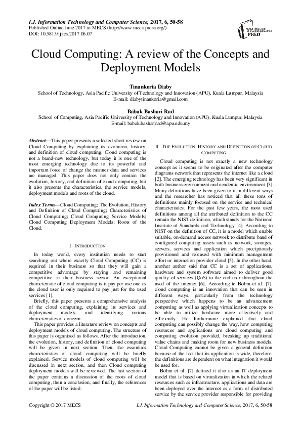 (PDF) Cloud Computing: A review of the Concepts and Deployment Models