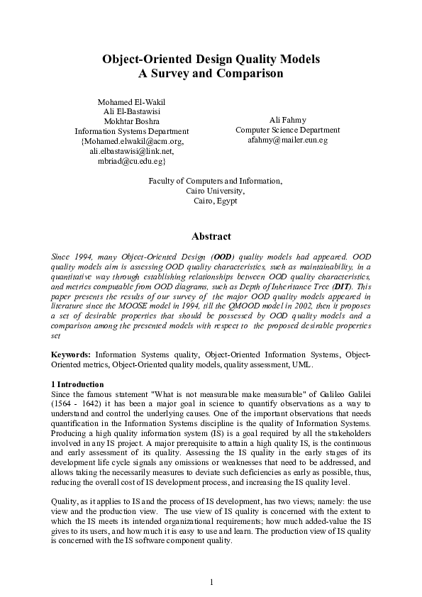 (PDF) Object-oriented design quality models a survey and comparison