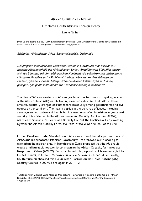 (PDF) African solutions to African problems : South Africa's foreign policy