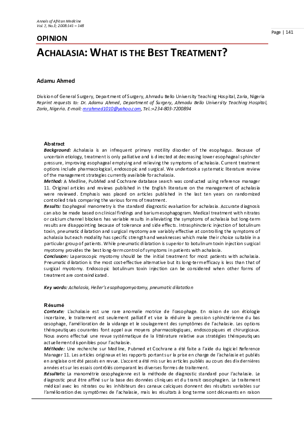 (PDF) Achalasia: What is the best treatment?