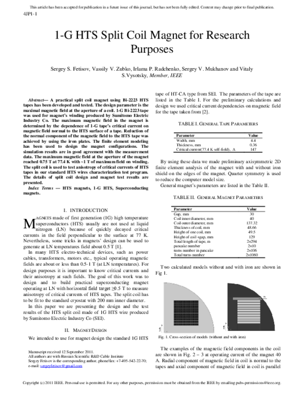 (PDF) 1-G HTS Split Coil Magnet for Research Purposes