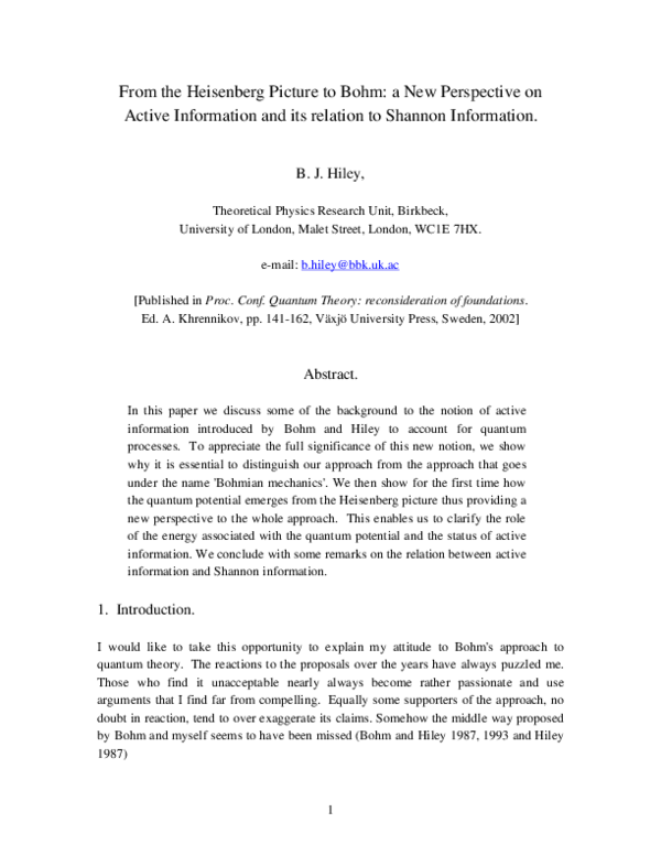 (PDF) From the Heisenberg picture to Bohm: a new perspective on active ...