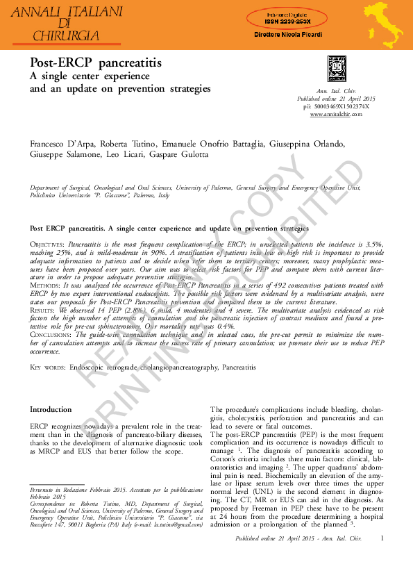 (PDF) Post-ERCP pancreatitis A single center experience and an update ...