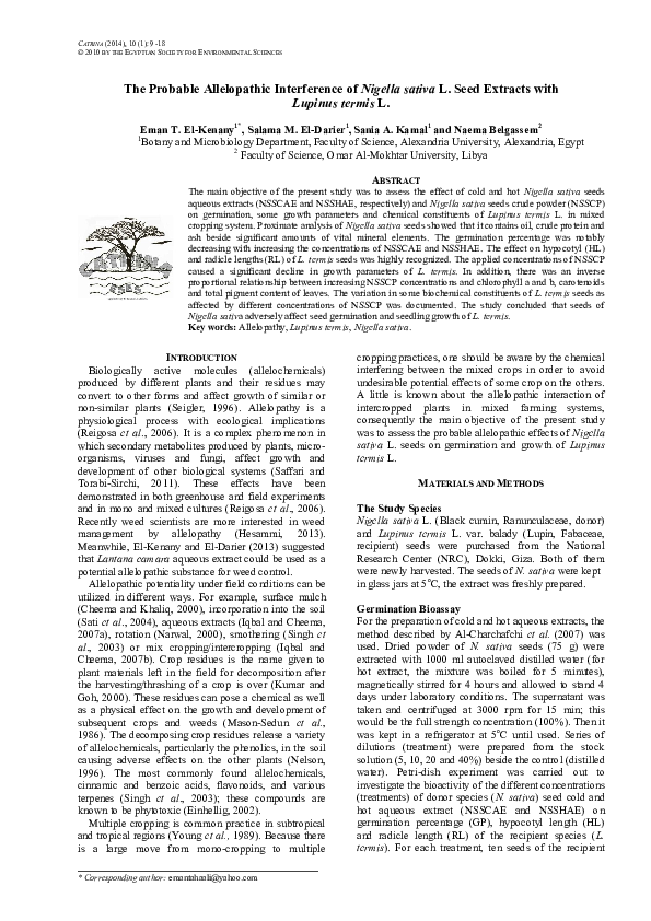 (PDF) The Probable Allelopathic Interference of Nigella Sativa L. Seed ...