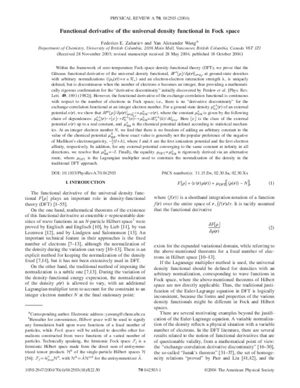 (PDF) Functional derivative of the universal density functional in Fock ...