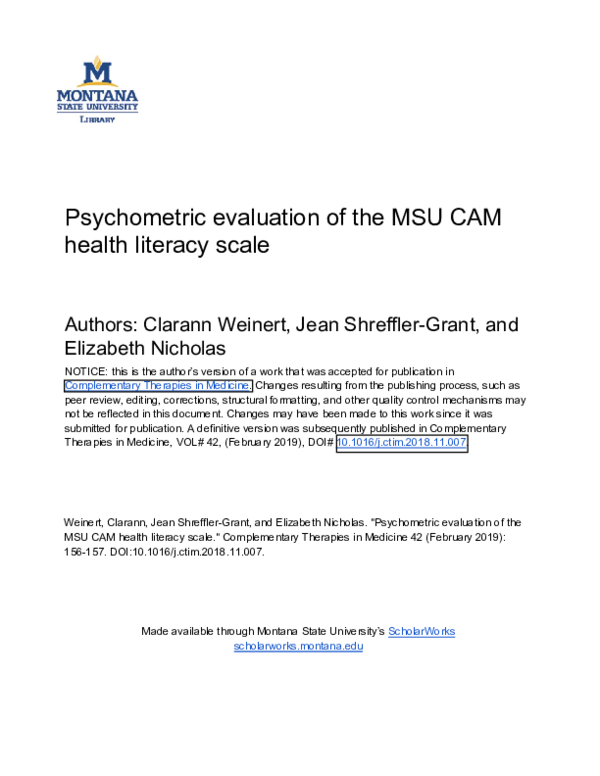(PDF) Psychometric Evaluation of the MSU CAM Health Literacy Scale