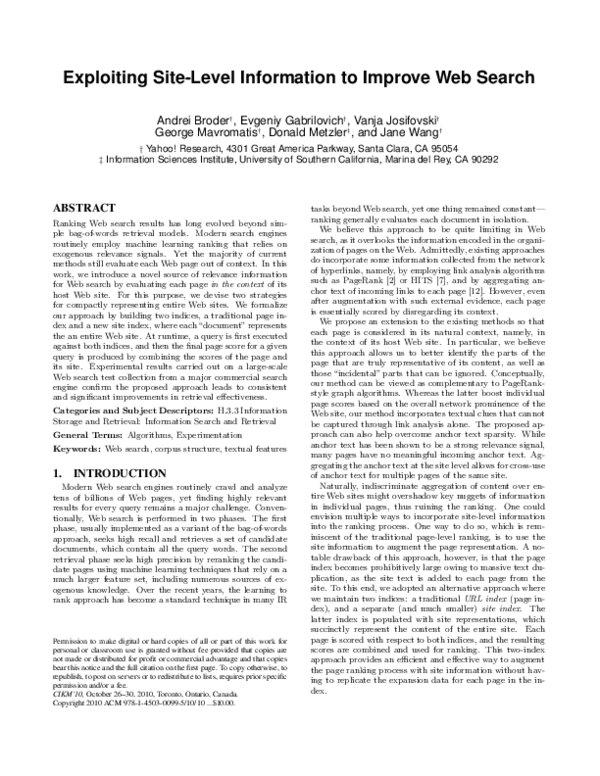 (PDF) Exploiting site-level information to improve web search