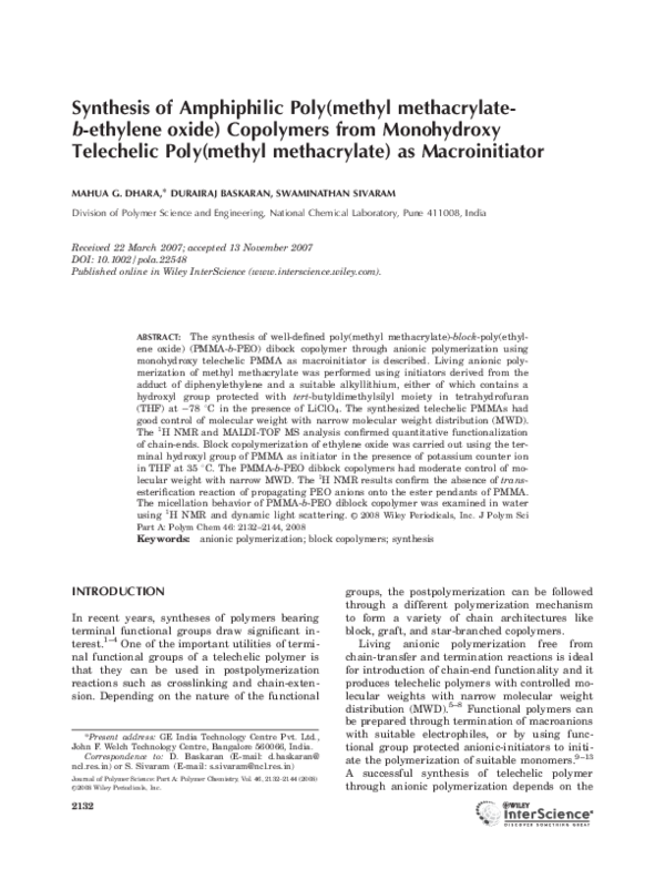 Synthesis Of Amphiphilic Poly Methyl Methacrylate B Ethylene Oxide