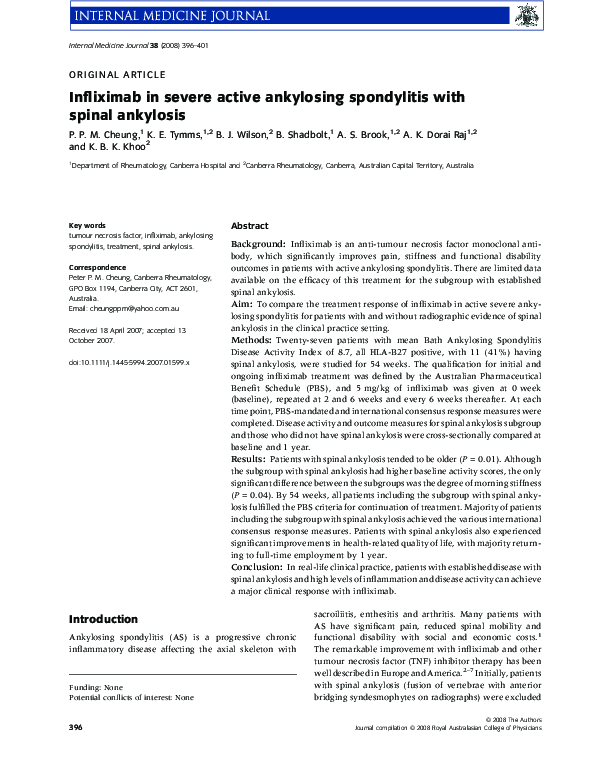 (PDF) Infliximab in severe active ankylosing spondylitis with spinal ankylosis