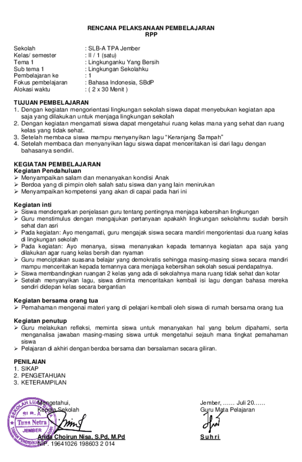 (PDF) Contoh RPP 1 Lembar dan Silabus 2020 (SLB)