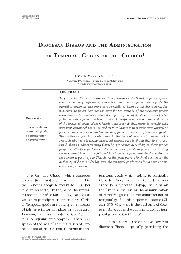 (PDF) Diocesan Bishop and Temporal Goods of the Church