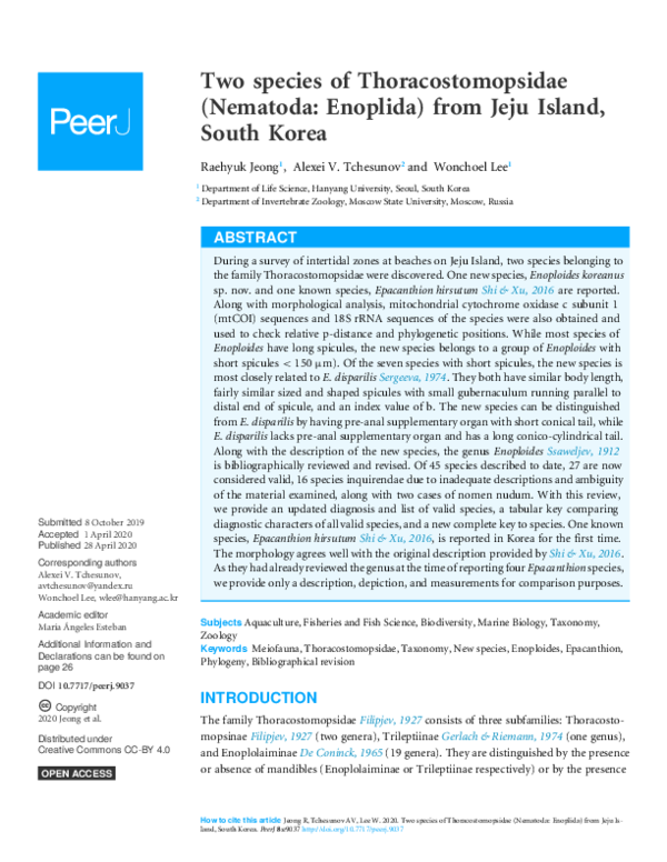 (PDF) Two species of Thoracostomopsidae (Nematoda: Enoplida) from Jeju ...