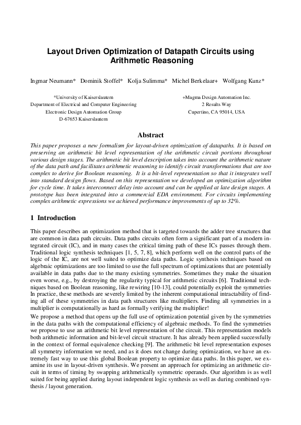 Pdf Layout Driven Optimization Of Datapath Circuits Using Arithmetic Reasoning