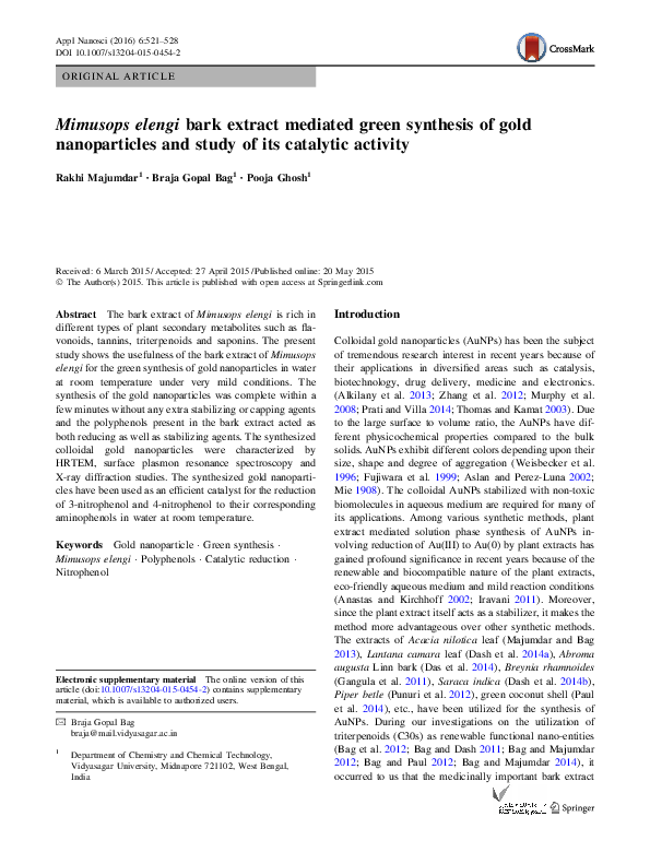 (PDF) Mimusops elengi bark extract mediated green synthesis of gold nanoparticles and study of ...