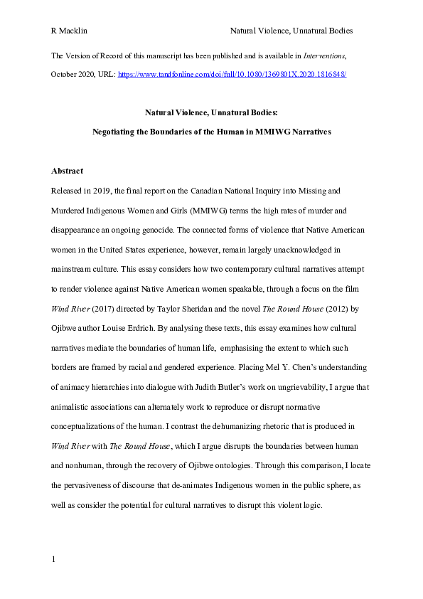 (DOC) Natural Violence, Unnatural Bodies: Negotiating the Boundaries of ...