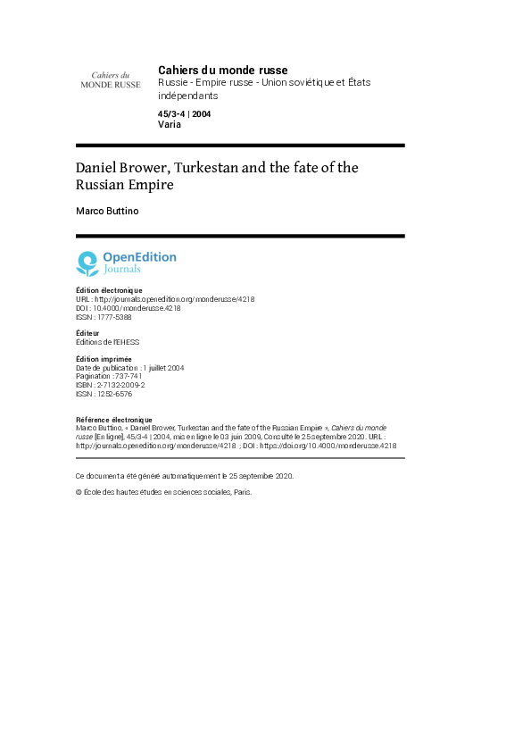 (PDF) Daniel Brower, Turkestan and the fate of the Russian Empire