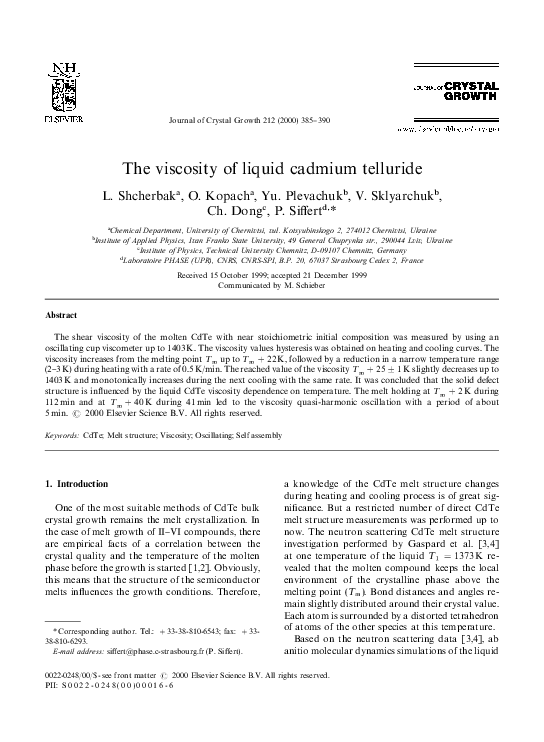(PDF) The viscosity of liquid cadmium telluride