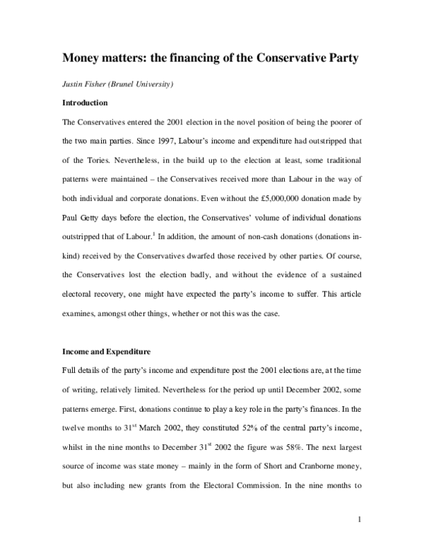 (PDF) Money Matters: The Financing of the Conservative Party