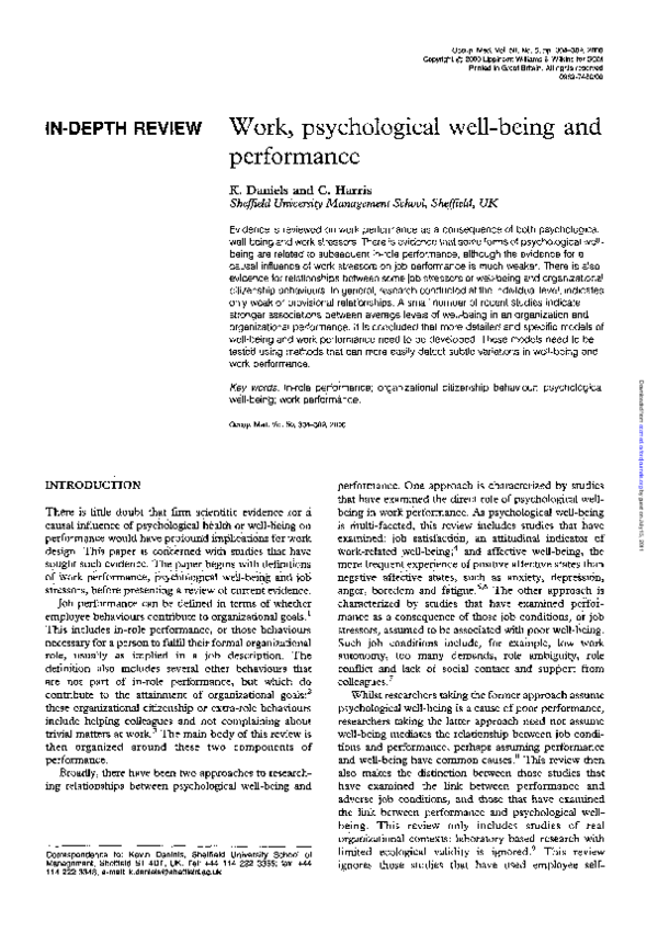 (PDF) Work, Psychological Well-being and Performance