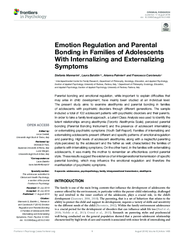 (PDF) Emotion Regulation and Parental Bonding in Families of Adolescents With Internalizing and ...