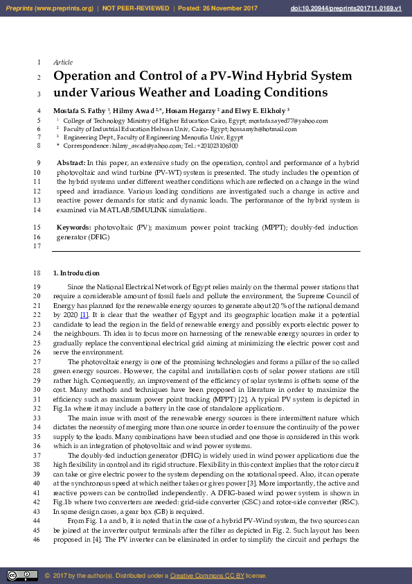 (PDF) Operation and Control of a PV-Wind Hybrid System under Various Weather and Loading Conditions