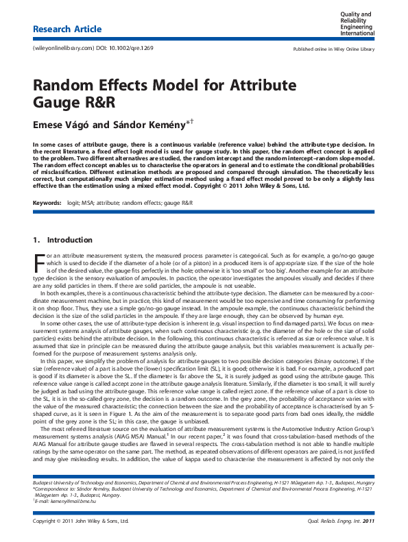 (PDF) Random Effects Model for Attribute Gauge R&R