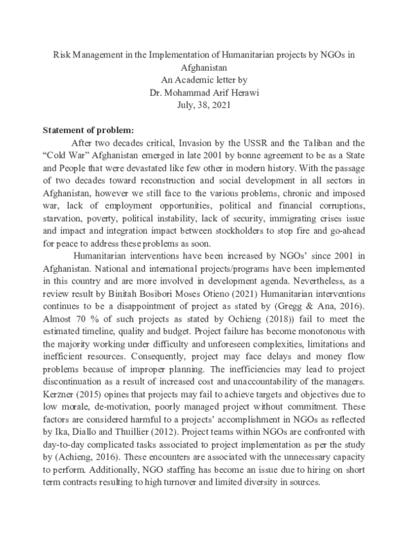 (DOC) Risk Management in the Implementation of Humanitarian Projects by ...