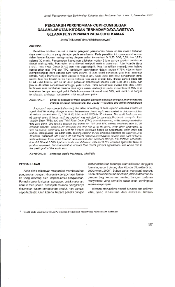 (PDF) Pengaruh Perendaman Cumi Cumi Segar Dalam Larutan Kitosan Terhadap Daya awetnya Selama ...