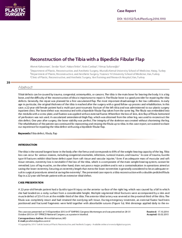 (PDF) Reconstruction of the Tibia with a Bipedicle Fibular Flap