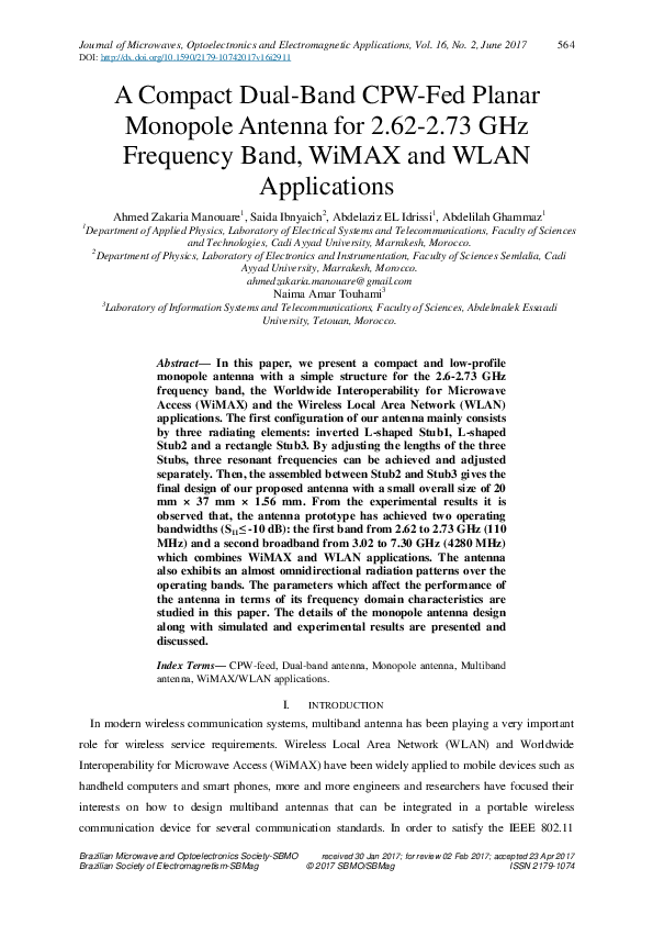 (PDF) A compact dual-band CPW-fed planar monopole antenna for WLAN applications