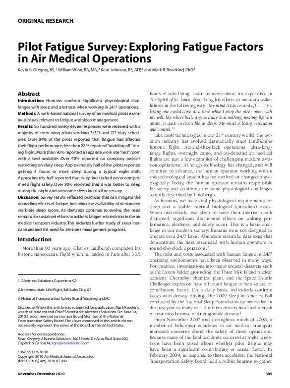 (PDF) Pilot Fatigue Survey: Exploring Fatigue Factors in Air Medical ...
