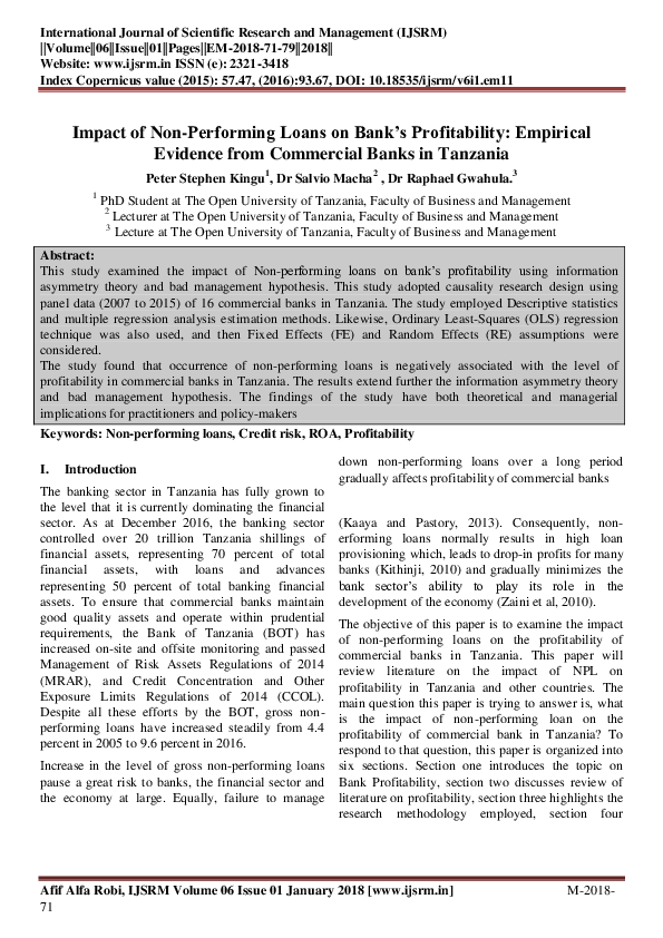 (PDF) Impact of Non-Performing Loans on Bank’s Profitability: Empirical ...