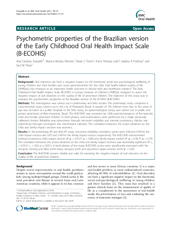 (PDF) Psychometric properties of the Brazilian version of the Early Childhood Oral Health Impact ...
