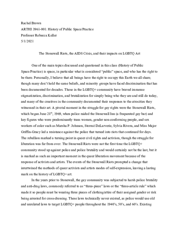 (DOC) The Stonewall Riots, the AIDS Crisis, and their impacts on LGBTQ Art