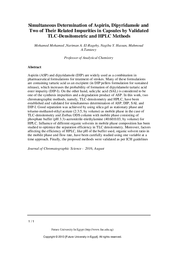 (PDF) Simultaneous Determination of Aspirin, Dipyridamole and Two of ...