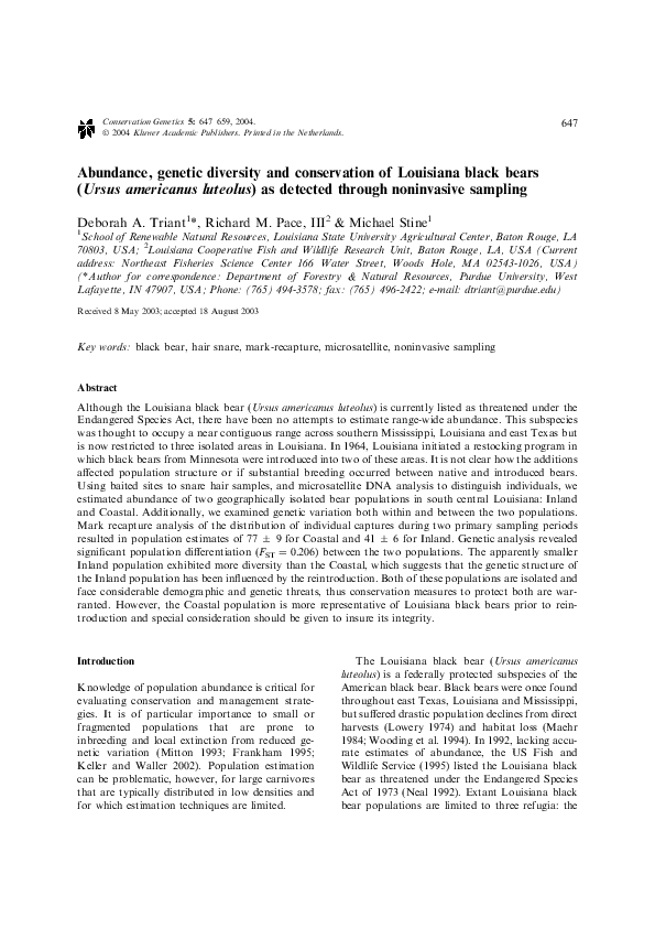(PDF) Abundance, genetic diversity and conservation of Louisiana black ...