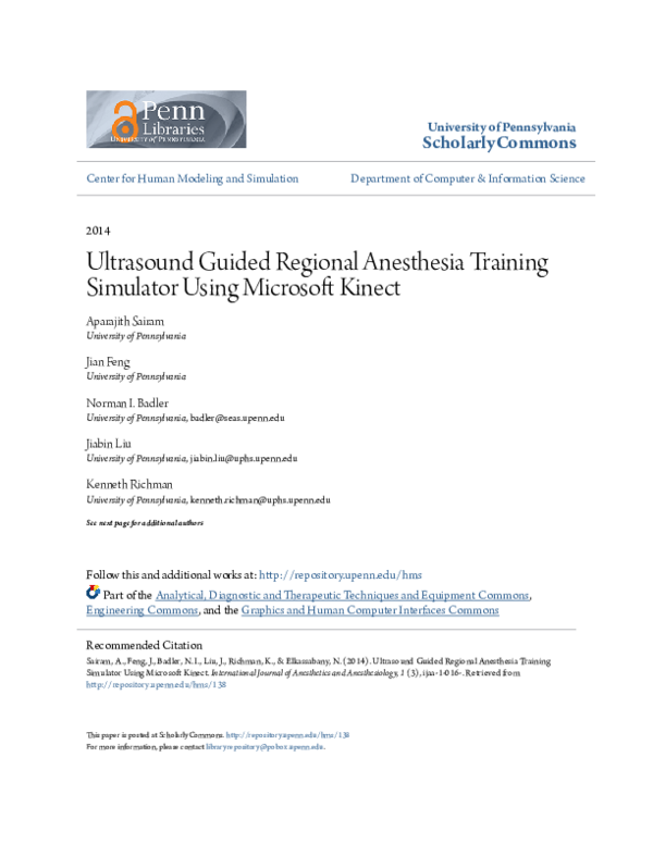 (PDF) Ultrasound Guided Regional Anesthesia Training Simulator Using Microsoft Kinect