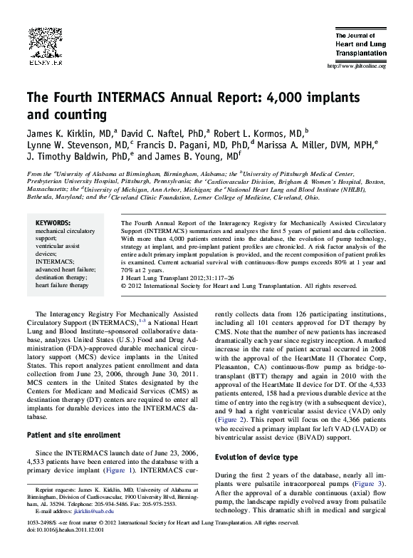(PDF) The Fourth INTERMACS Annual Report: 4,000 implants and counting
